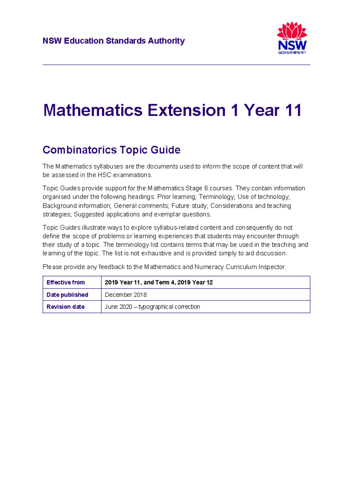 Mathematics Extension 1 Year 11: Combinatorics Topic Guide Overview ...
