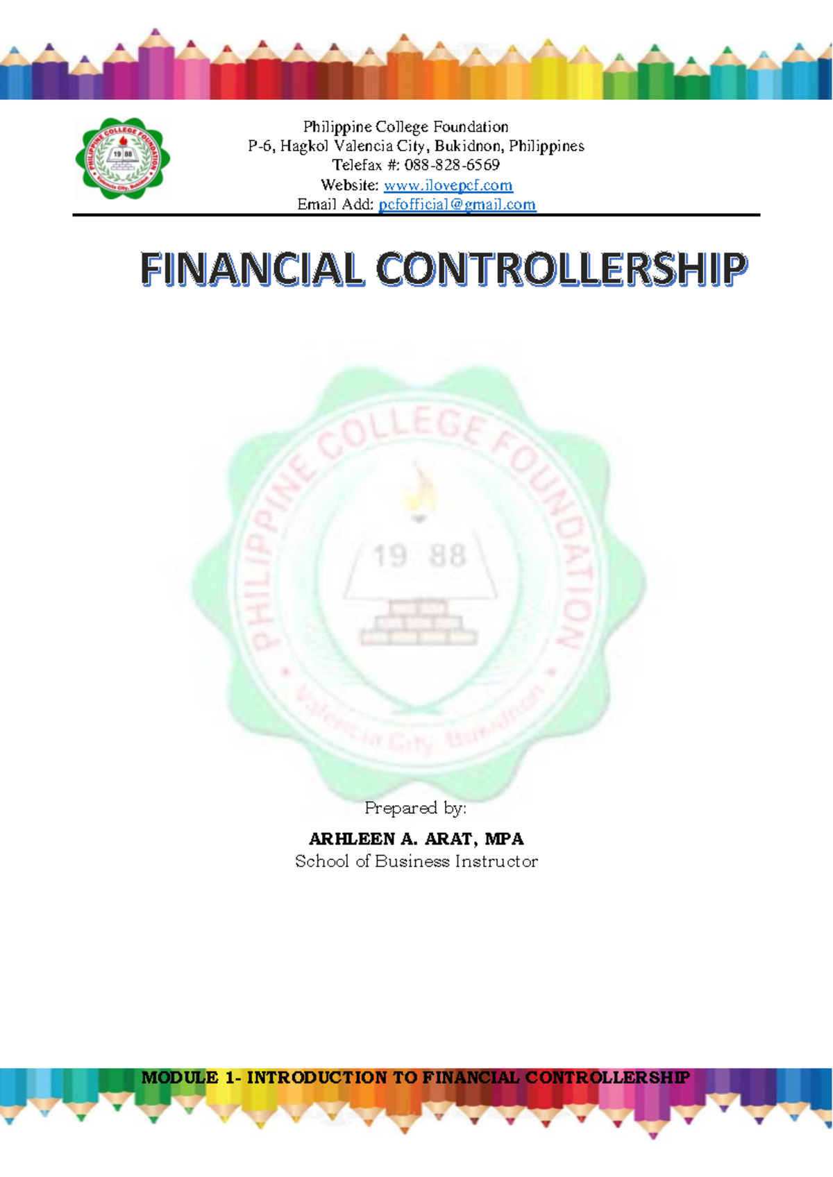 Module I for financial controllership - Philippine College Foundation P ...