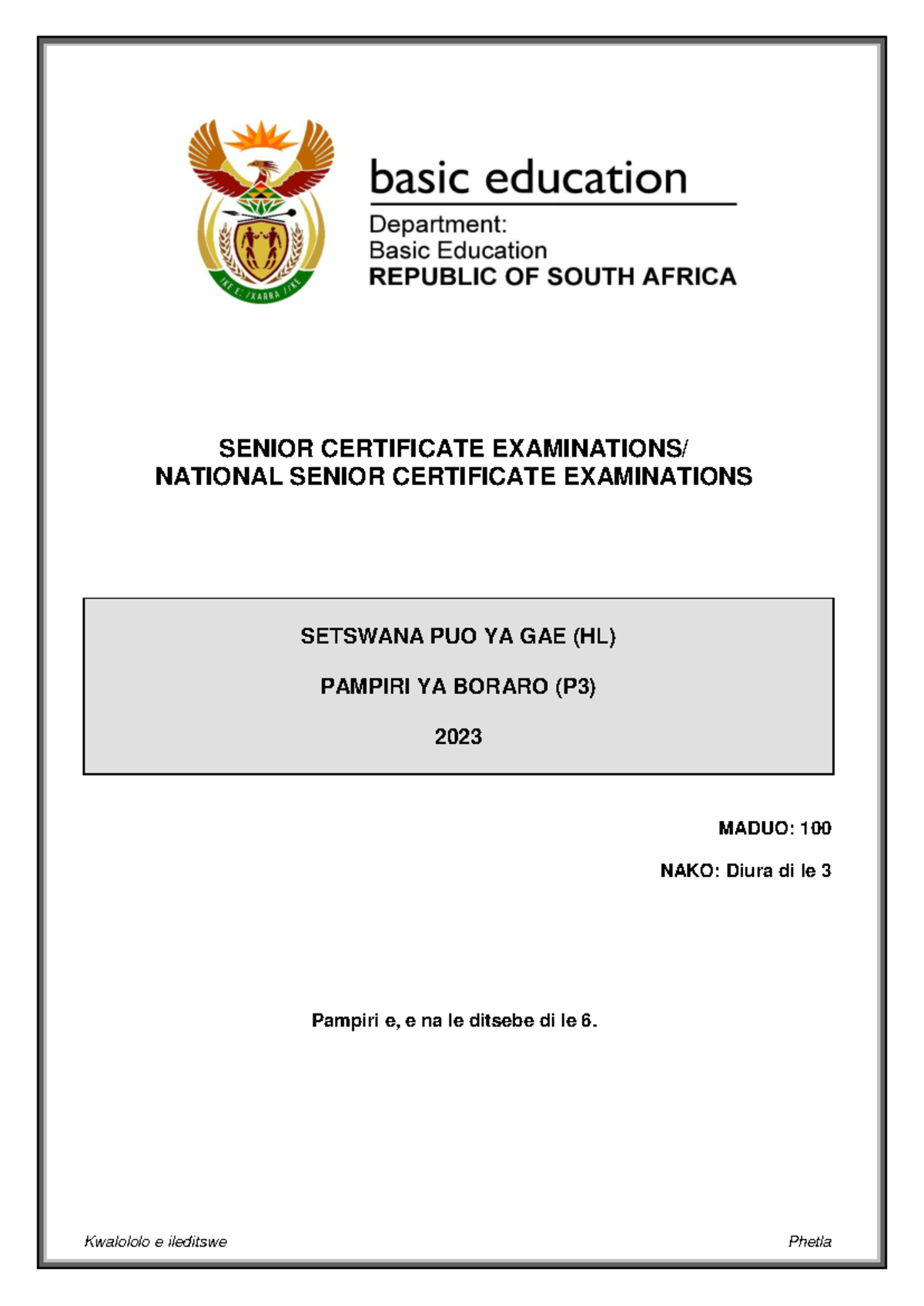 Setswana HL P3 Final Exam Paper May-June 2023 - Studocu
