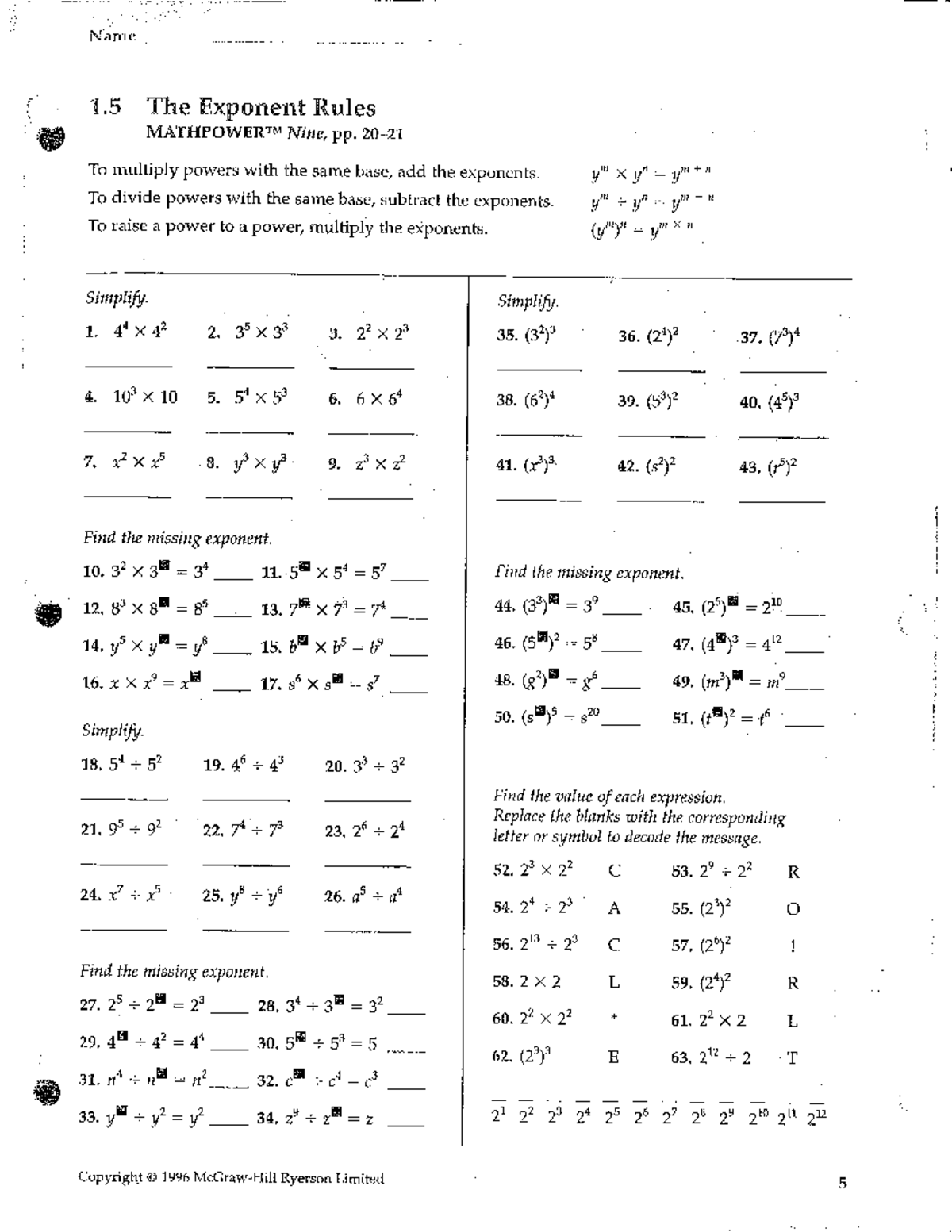 1.5 Exponent Rules - Name 1 The Exponent Rules MATHPOWERTM Nine, pp. To ...