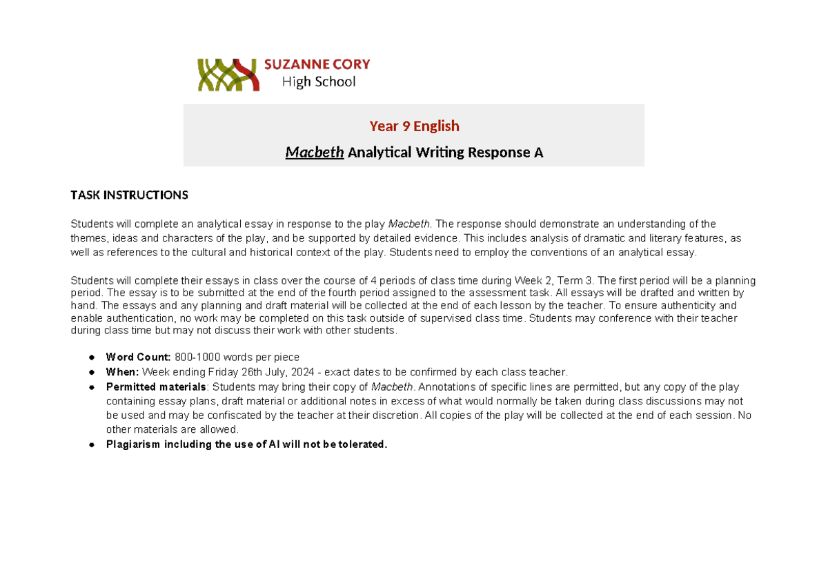 2024 Year 9 English Macbeth In-Class Essay Task Sheet - Studocu