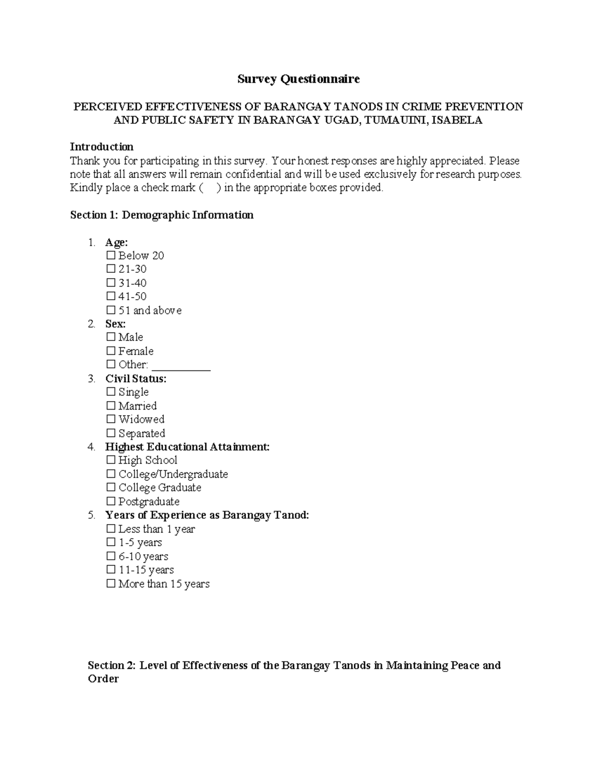 Survey Questionnaire on Effectiveness of Barangay Tanods in Crime ...