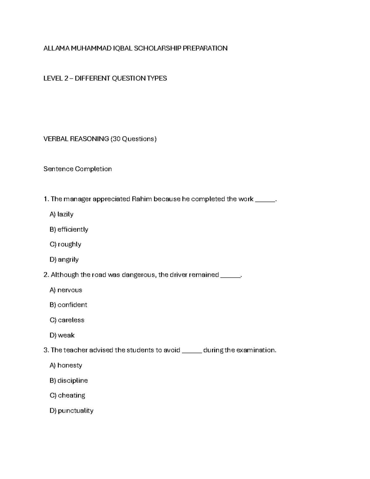 ALLAMA MUHAMMAD IQBAL SCHOLARSHIP PREP: LEVEL 2 VERBAL REASONING ...