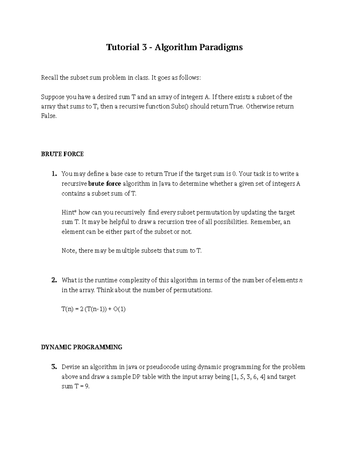 T3 - Algorithm Paradigms: Subset Sum Problem & Approaches - Studocu