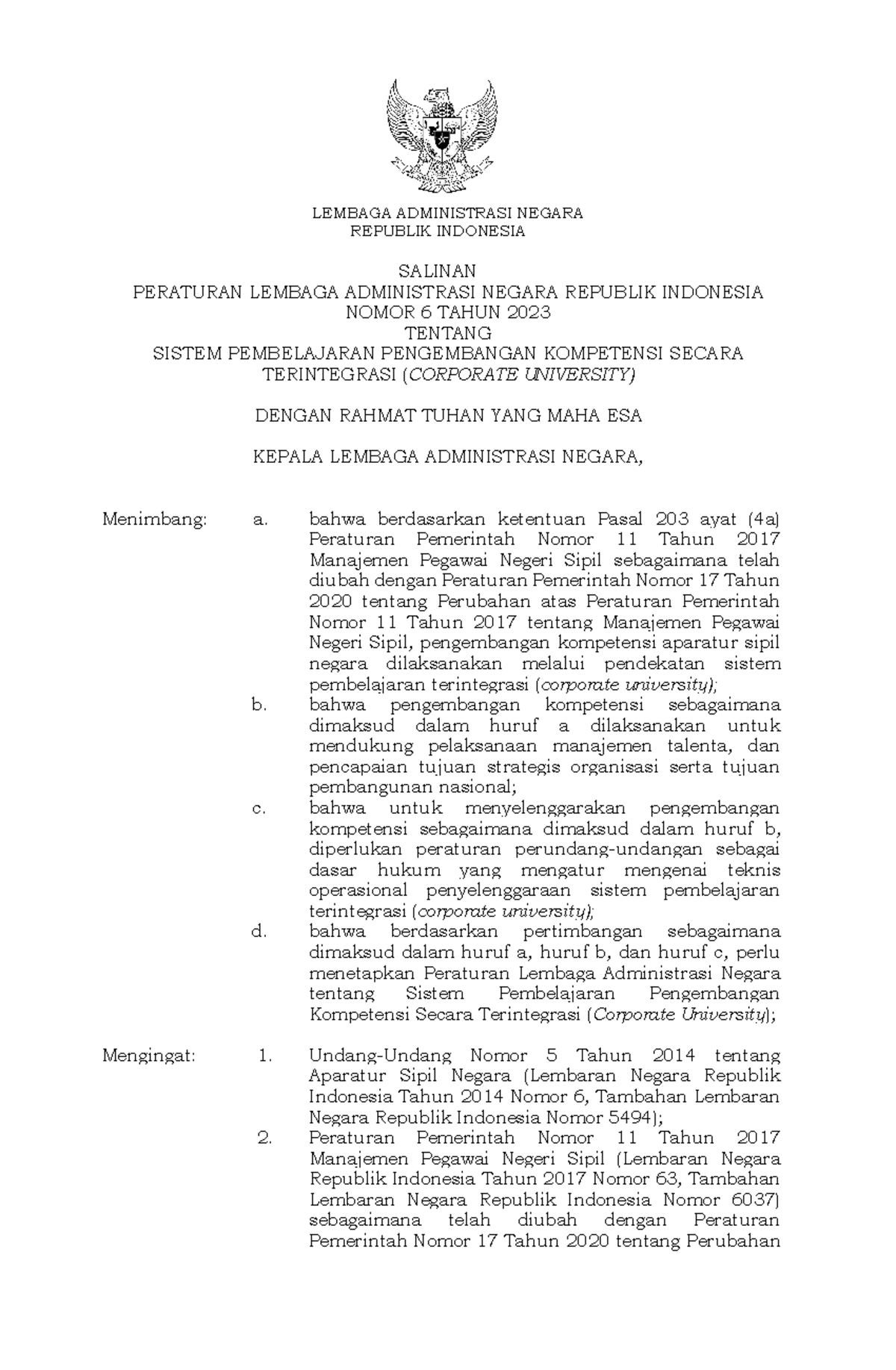 Peraturan Lembaga Administrasi Negara Nomor 6 Tahun 2023 Tentang Corpu ...