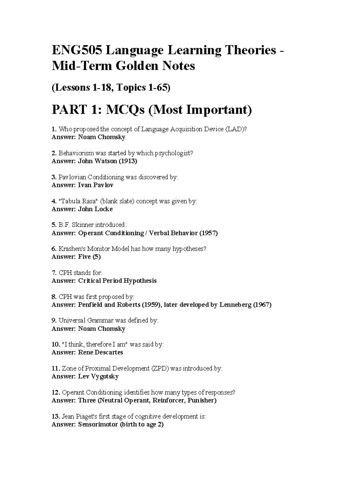 ENG505 Language Learning Theories: Key Concepts & MCQs Guide - Studocu