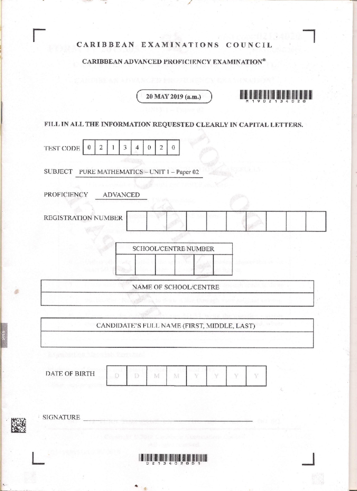 Cape Pure Mathematics 2019 Unit 1 Paper 2 Exam - Studocu