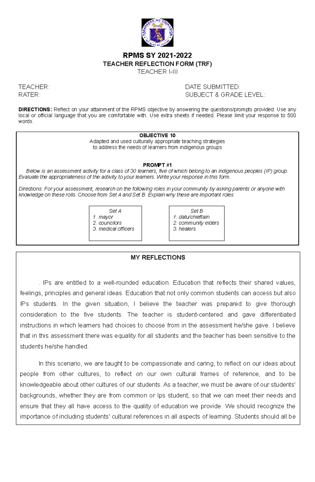 TRF-10 - Teacher Reflection Form for Culturally Responsive Teaching ...