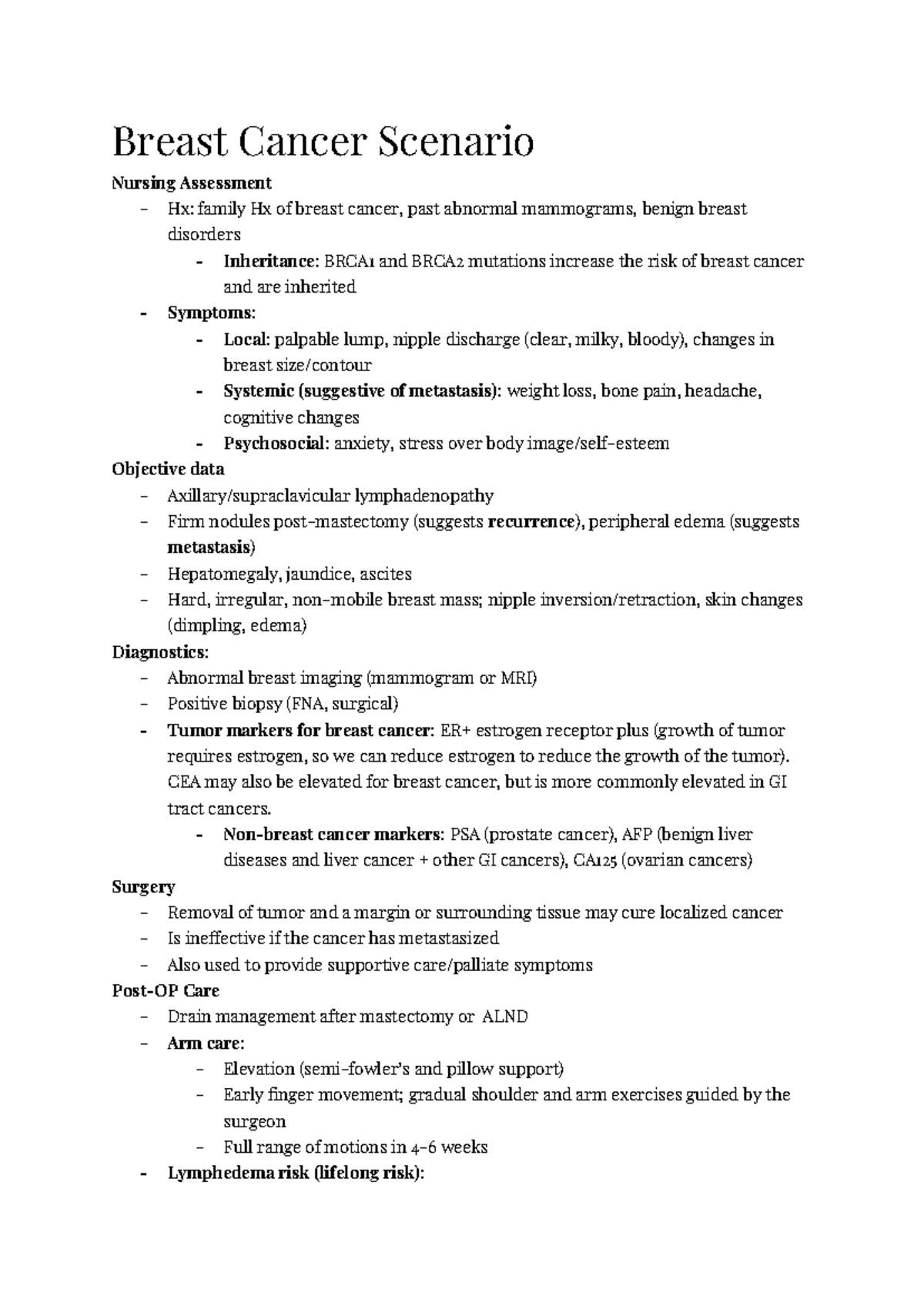Breast cancer nursing assessment and management: Final exam prep (NURS ...