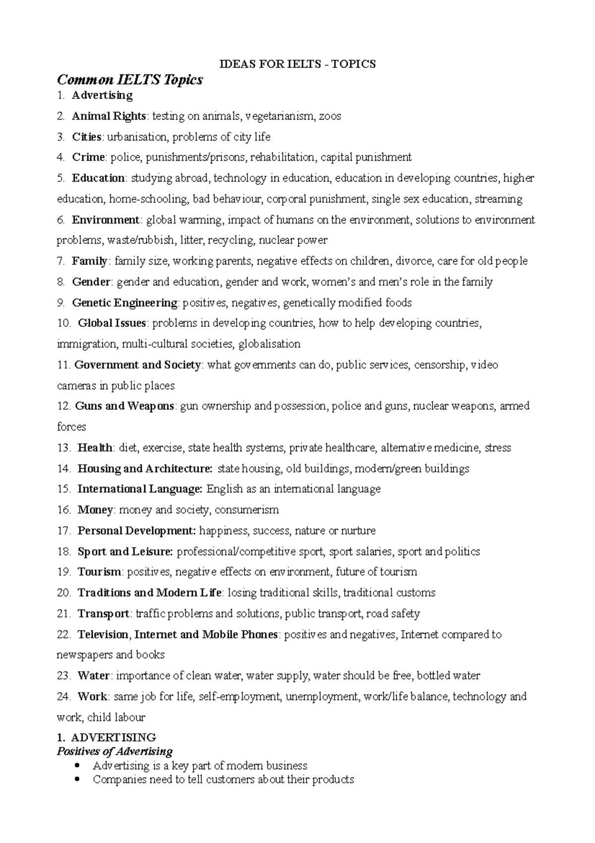 Ideas FOR Ielts Writing- Speaking - IDEAS FOR IELTS - TOPICS Common ...