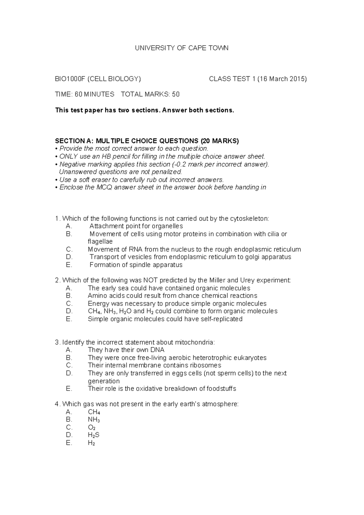 BIO1000 F CT1 2015 - CELL BIOLOGY CLASS TEST 1 - Studocu