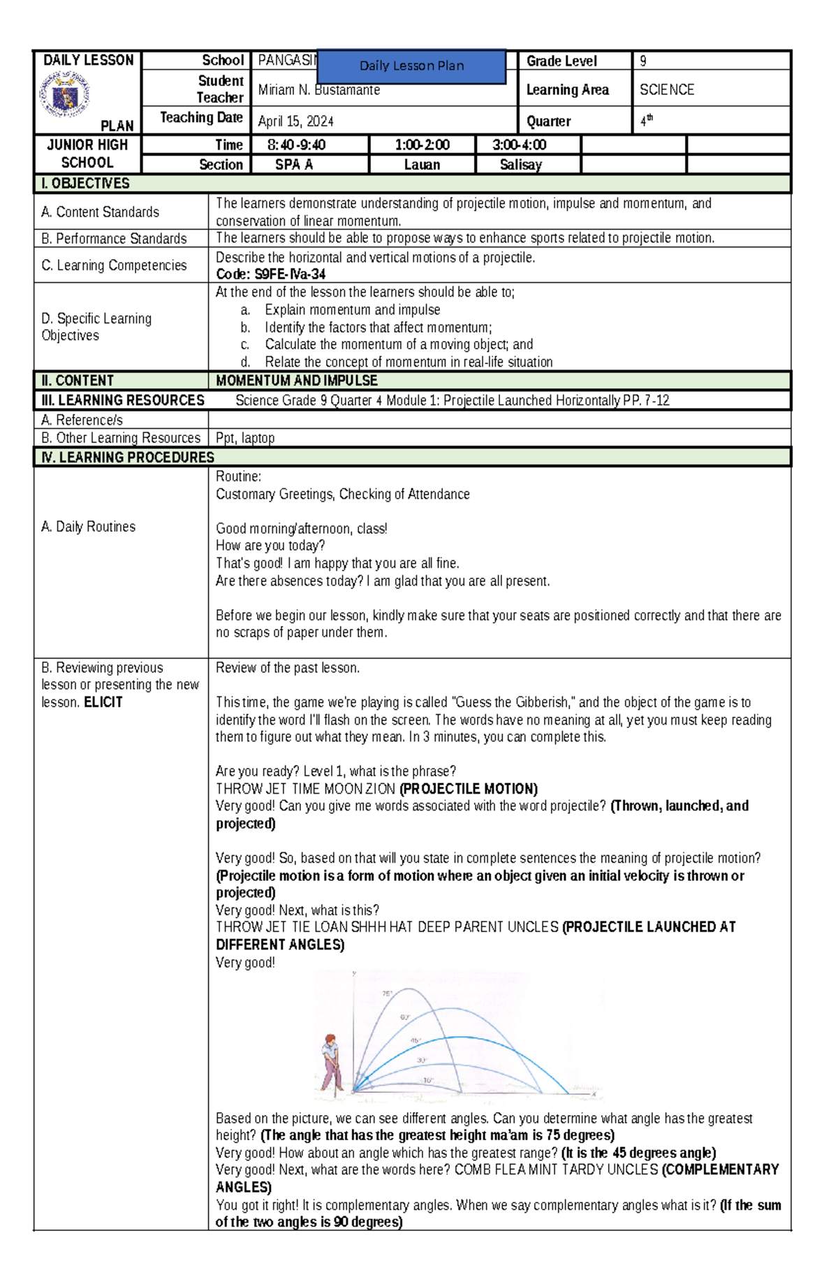 LP for Momentum in Grade 9 Science - Daily Lesson Plan - Studocu