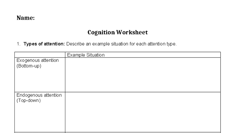 Cognition Worksheet 1: Types of Attention & Brain Functions - Studocu