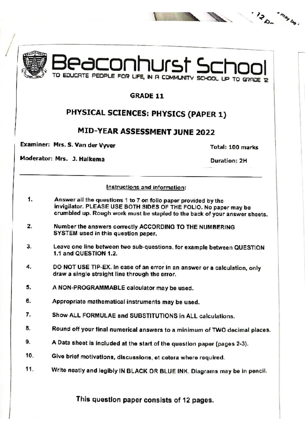 Beaconhurst HS Grade 11 Physics Paper 1 Assessment June 2022 - Studocu