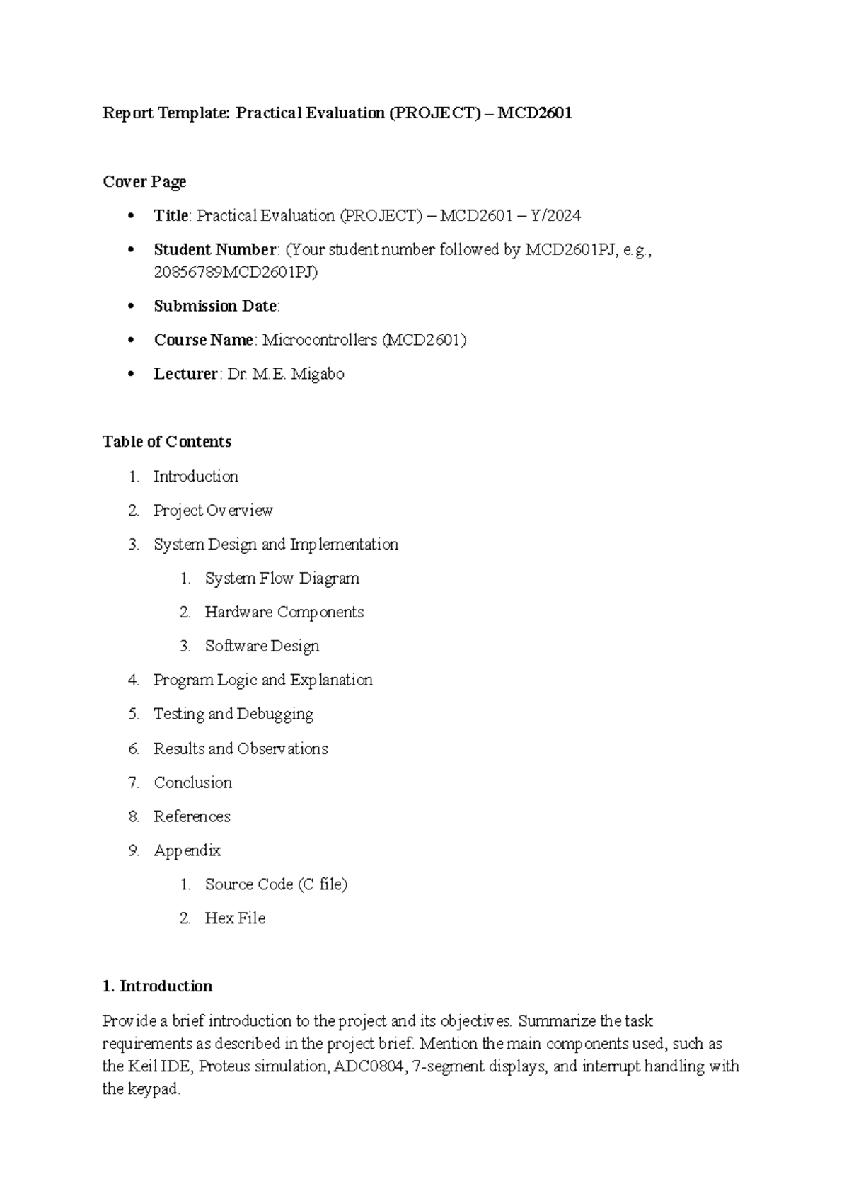 Practical Evaluation Report Template for MCD2601 - Project Y/ - Studocu