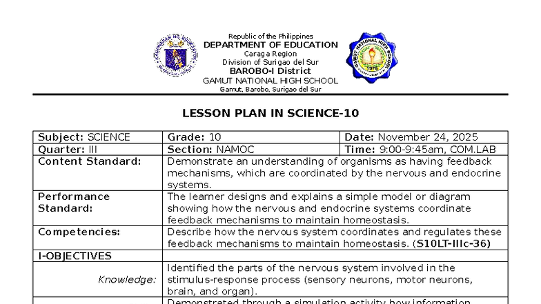 Lesson Plan in Science 10: Understanding Nervous System Feedback ...