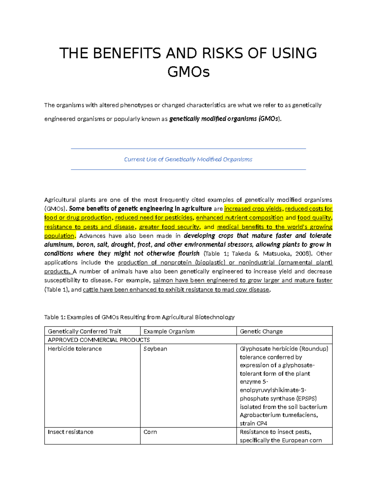 Earth and Life - THE BENEFITS AND RISKS OF USING GMOs The organisms ...