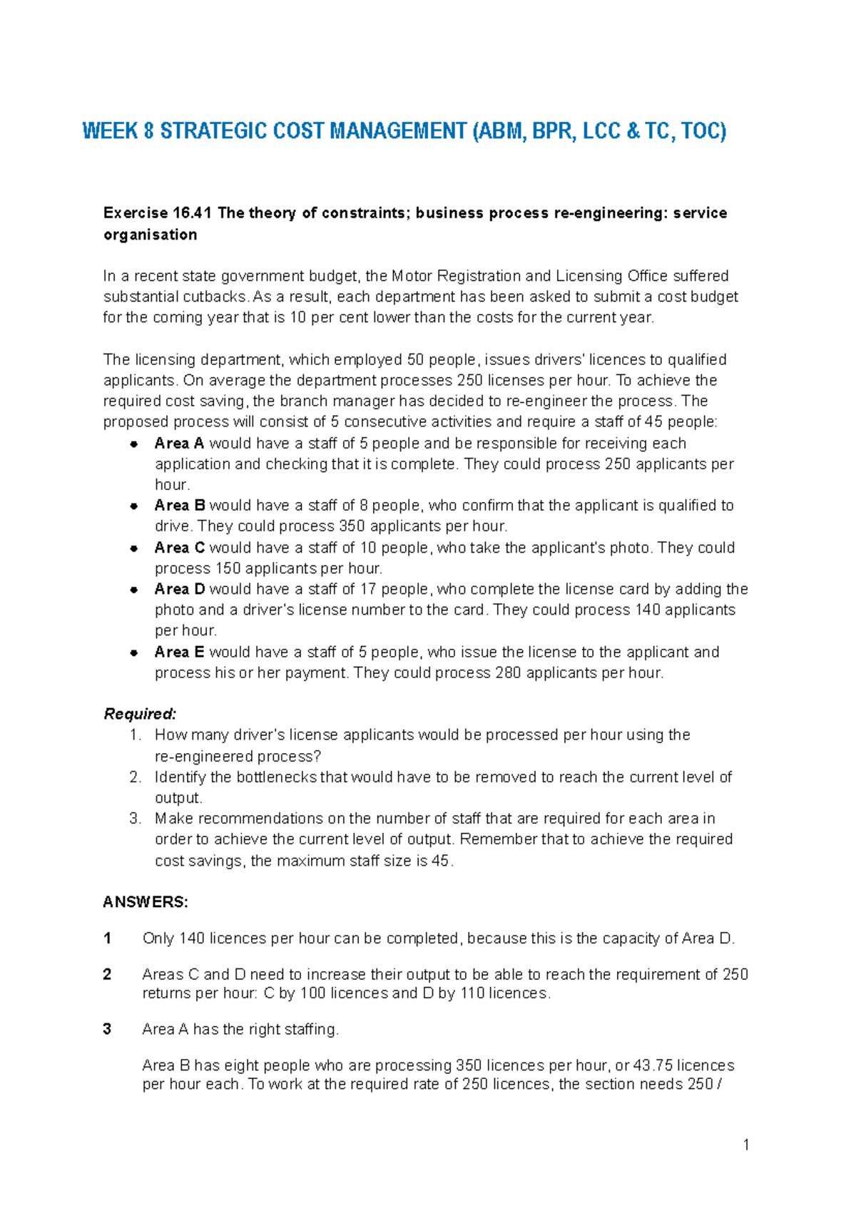 Week 8 Tutorial Answers: Business Process Re-engineering & Target Costing - Studocu