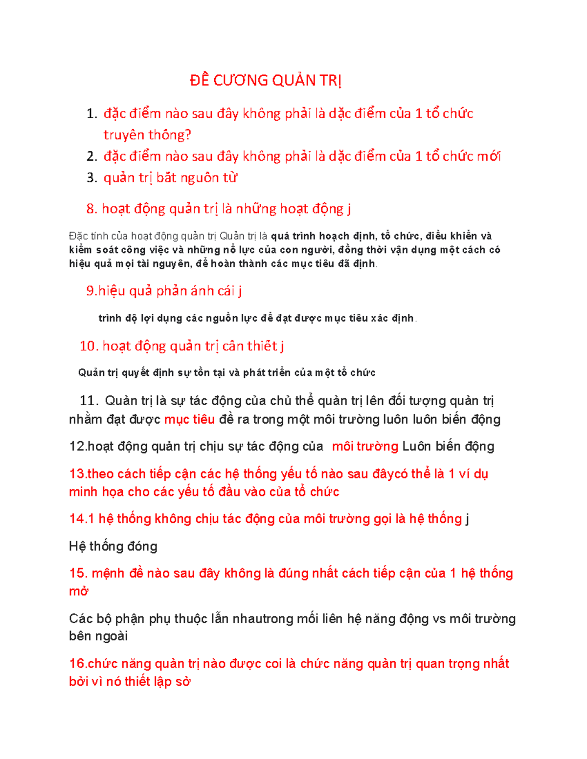 ĐỀ CƯƠNG QUẢN TRỊ - dmf - ĐỀỀ C NG QU N TRƯƠ Ả Ị đ c đi m nào sau đây không ph i là d c đi m c a ...
