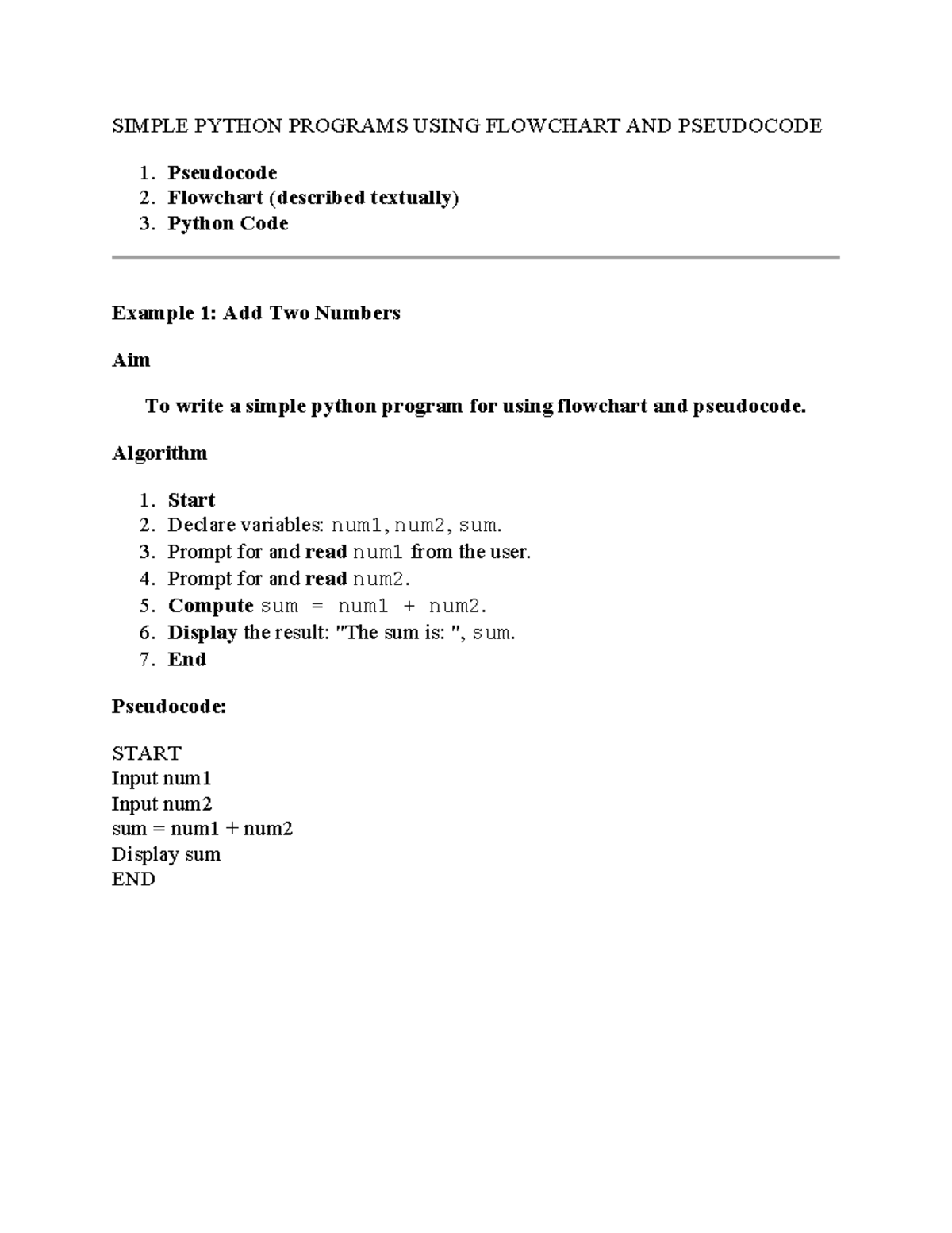 SIMPLE PYTHON PROGRAMS: FLOWCHART & PSEUDOCODE MANUAL - Studocu