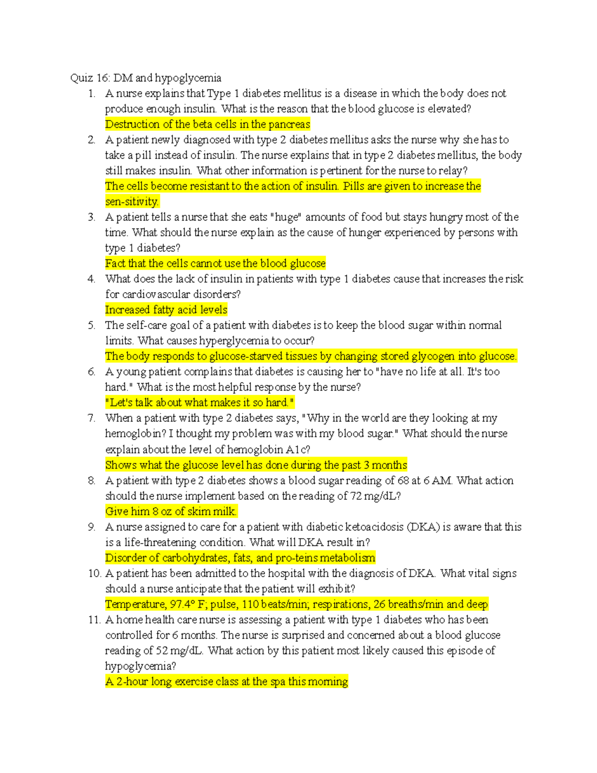 Quiz 16: Diabetes Mellitus and Hypoglycemia Insights - Studocu