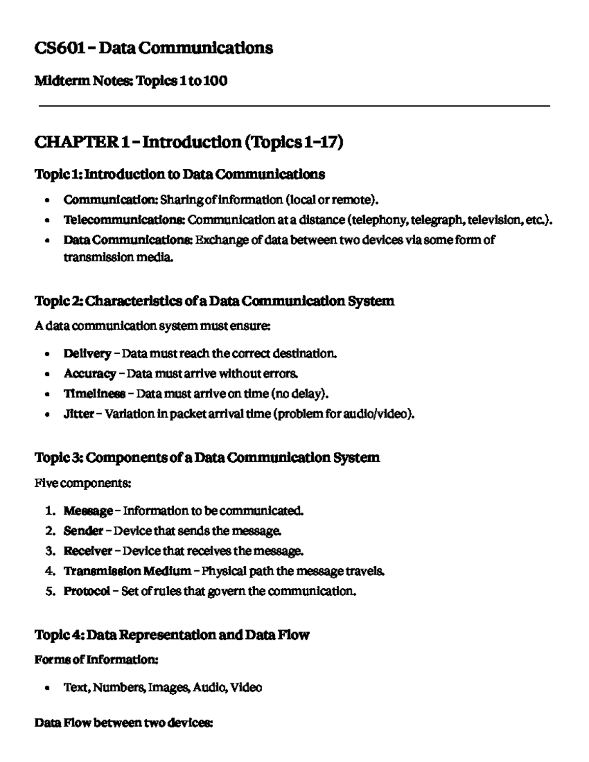 CS601 Data Communications Midterm Notes: Key Topics Overview - Studocu