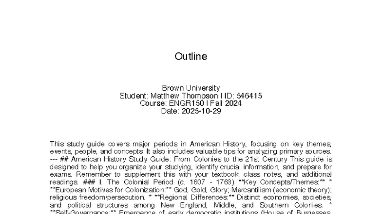 ENGR150 Fall 2024: American History Study Guide & Essay Notes - Studocu