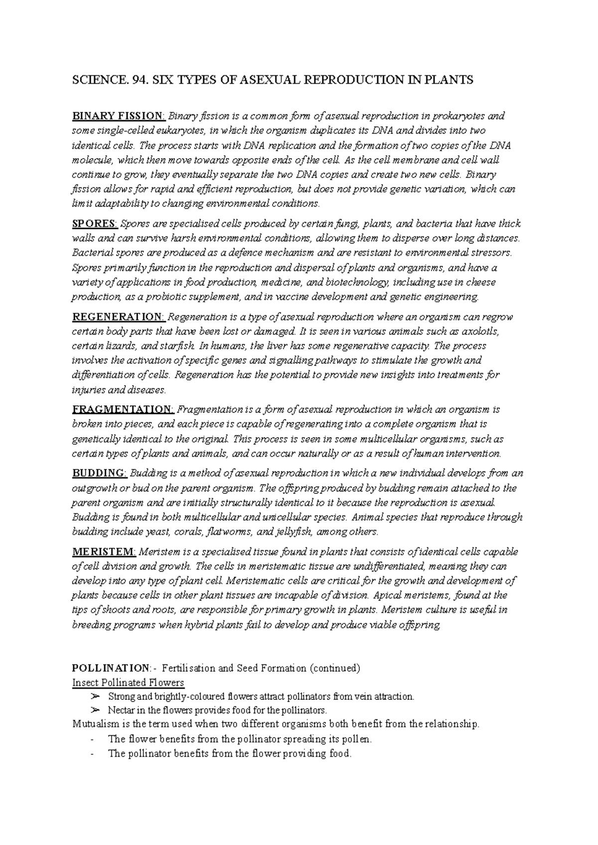 SCIENCE 94: Asexual Reproduction Types in Plants and Mitosis - Studocu