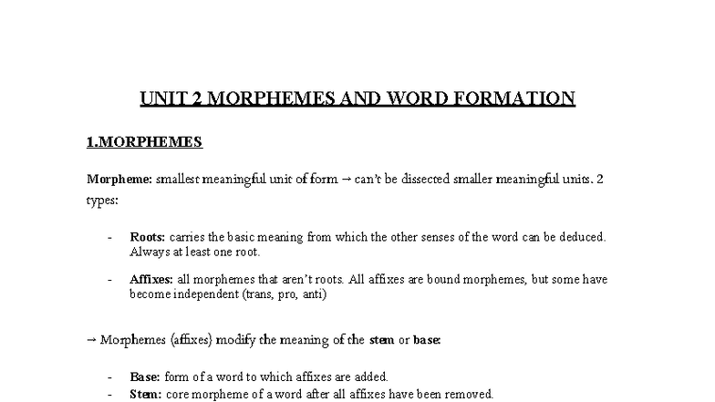UNIT 2 MORPHEMES AND WORD FORMATION - Apuntes Tema 2 - Studocu