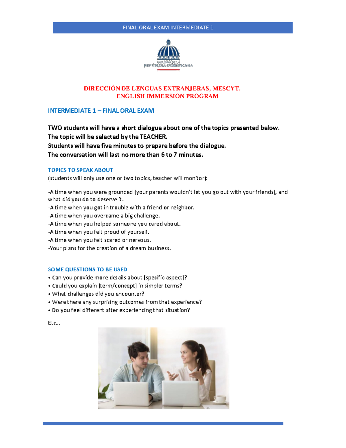 Final Oral Exam - Intermediate 1 (2024) - English Immersion Program - Studocu