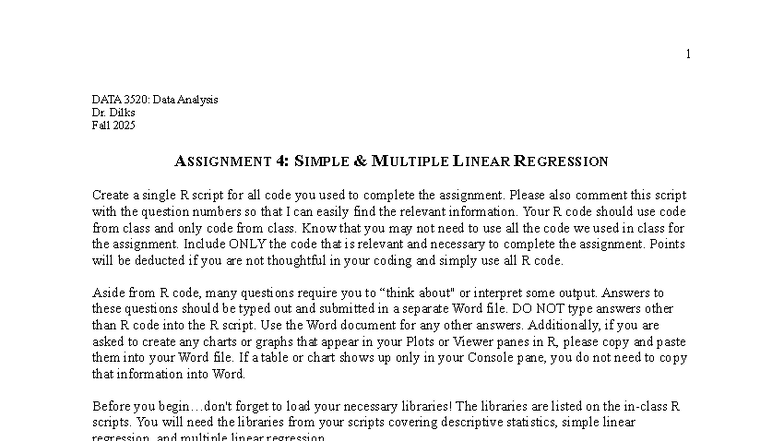 DATA 3520: Assignment 4 - Simple & Multiple Linear Regression Analysis - Studocu