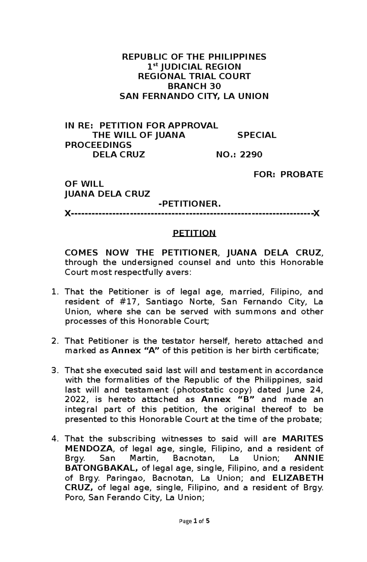 Petition for Probate of Will - Juana Dela Cruz (Case No. 2290) - Studocu