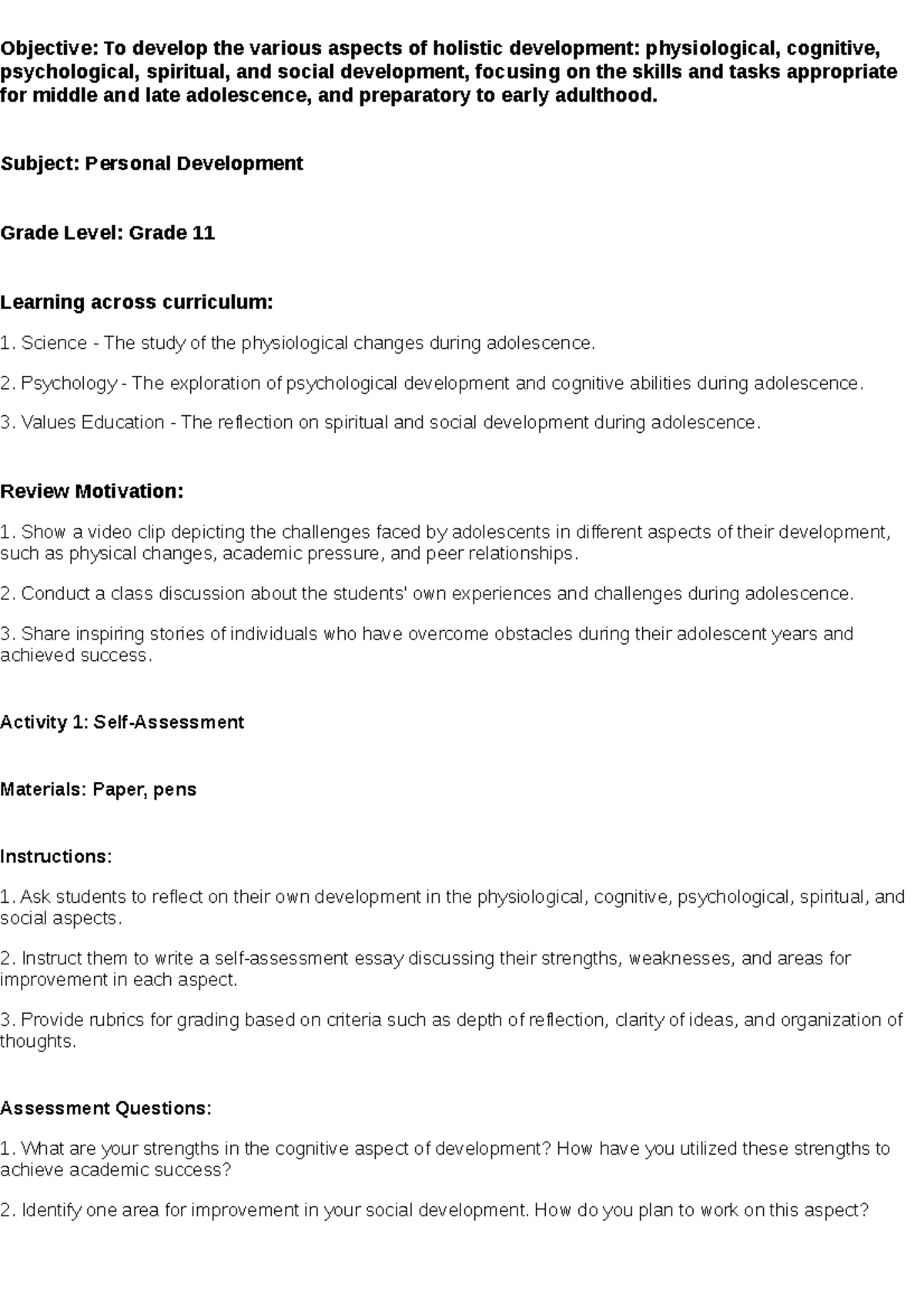 Grade 11 Personal Development Lesson Plan for Holistic Growth - Studocu