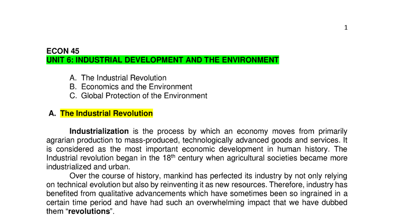 ECON 45 UNIT 6: Industrial Development & Environmental Impact - Studocu