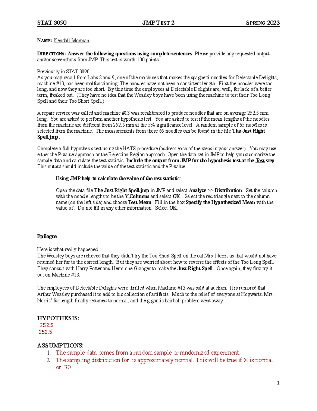 JMP Test 2 S23 - It is the answers to the second JMP test. I received a ...