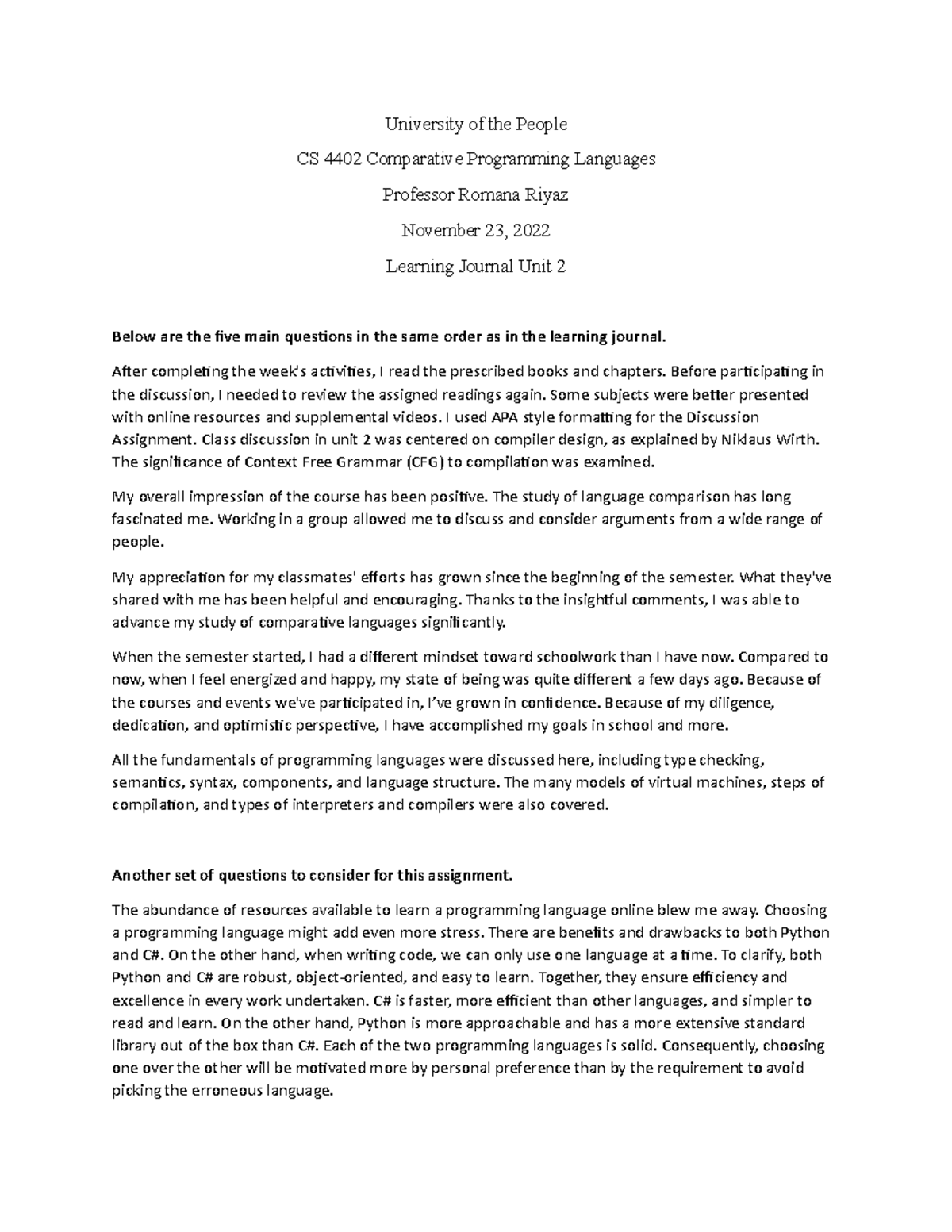 CS 4402 - Learning Journal Unit 2 - University of the People CS 4402 Comparative Programming ...