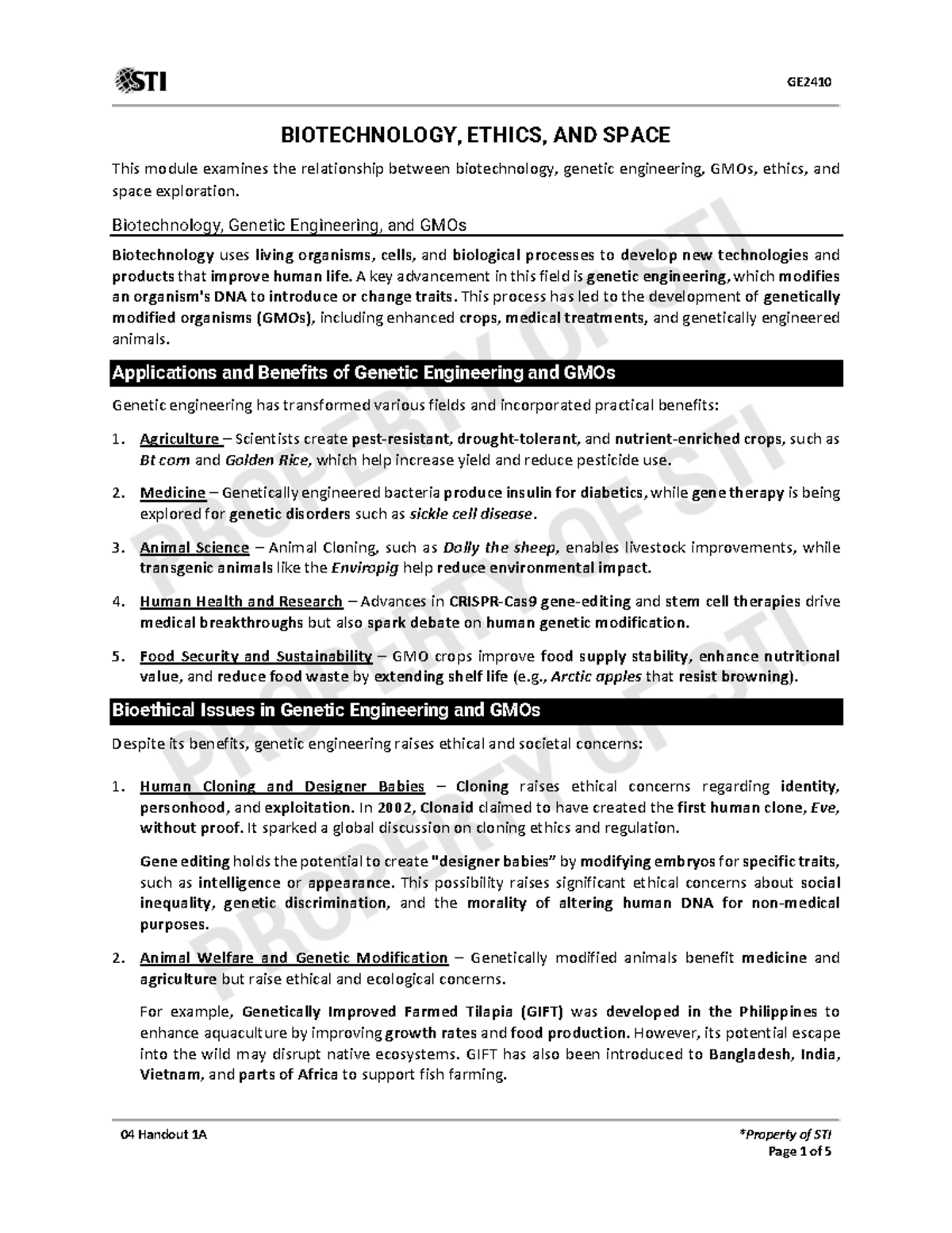 GE2410 Final Exam: Biotechnology, Ethics, and Space Exploration ...