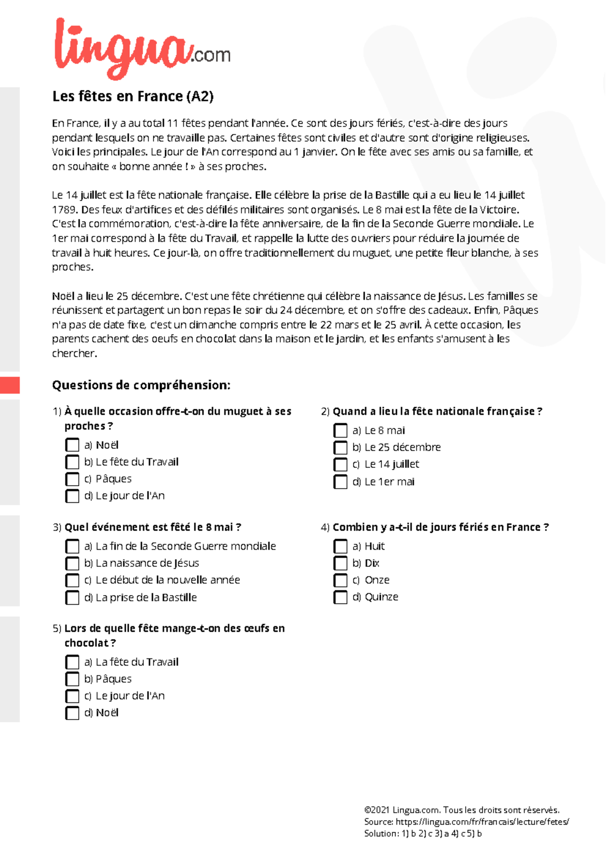 Les Fêtes en France (A2) : Compréhension et Questions - Studocu