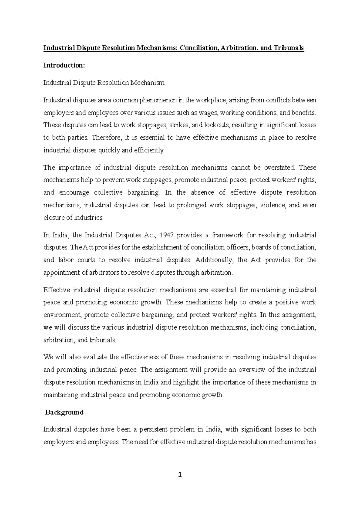 Labour Law Assignment: Industrial Dispute Resolution Mechanisms (IDR ...