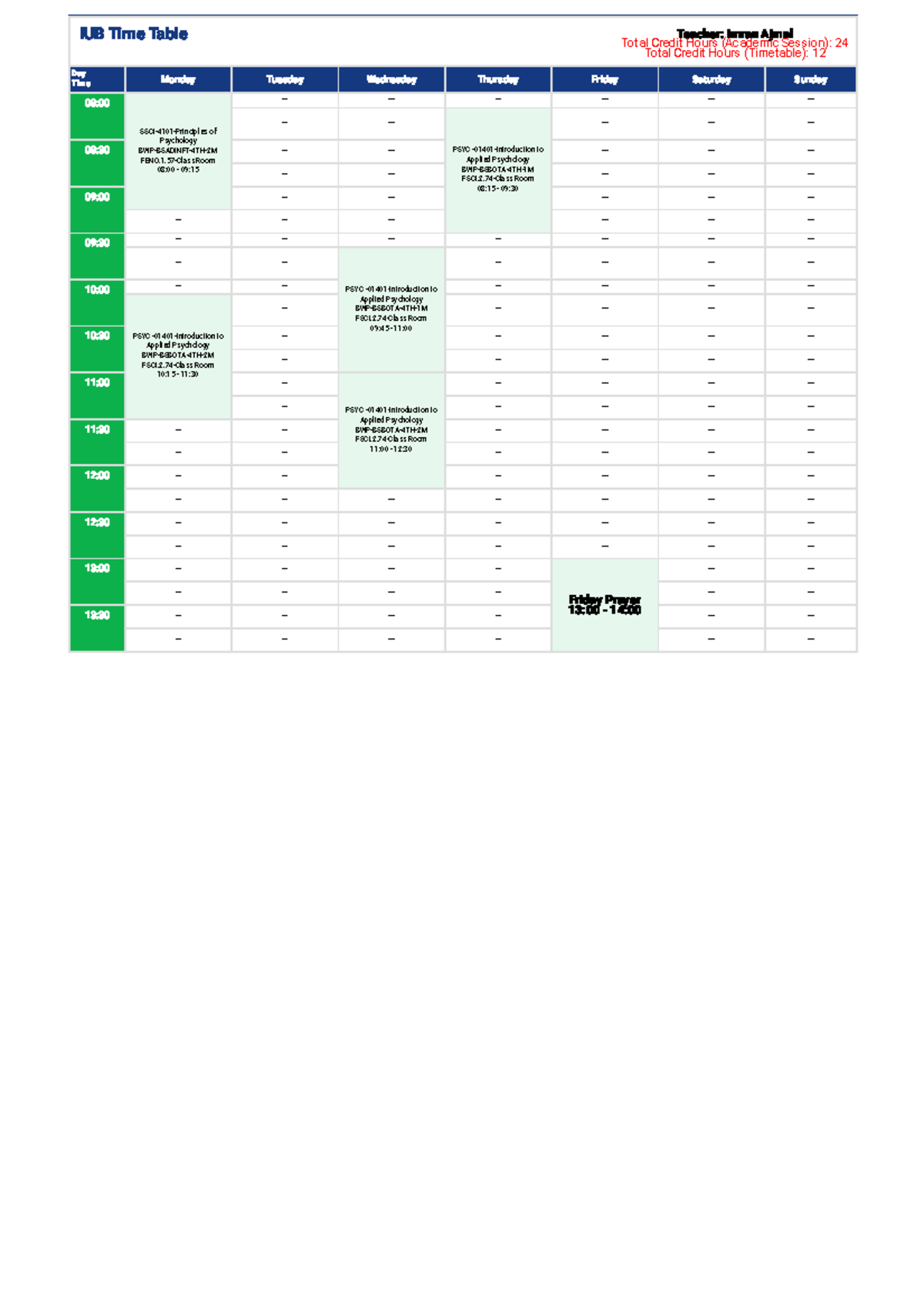 IUB Timetable Activities for Academic Session 2023-2024 - Studocu