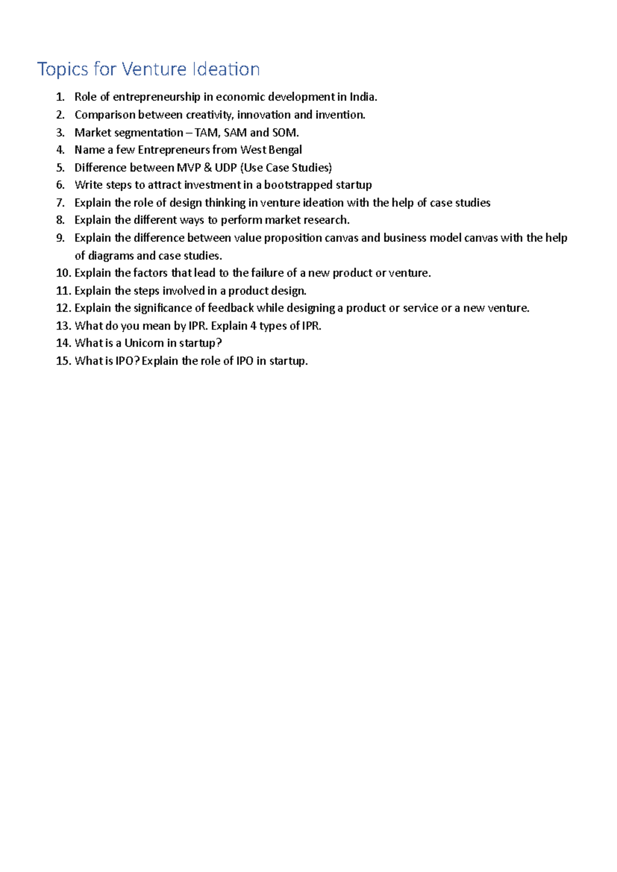 Venture Ideation - Question Set 1 for Entrepreneurship Studies - Studocu