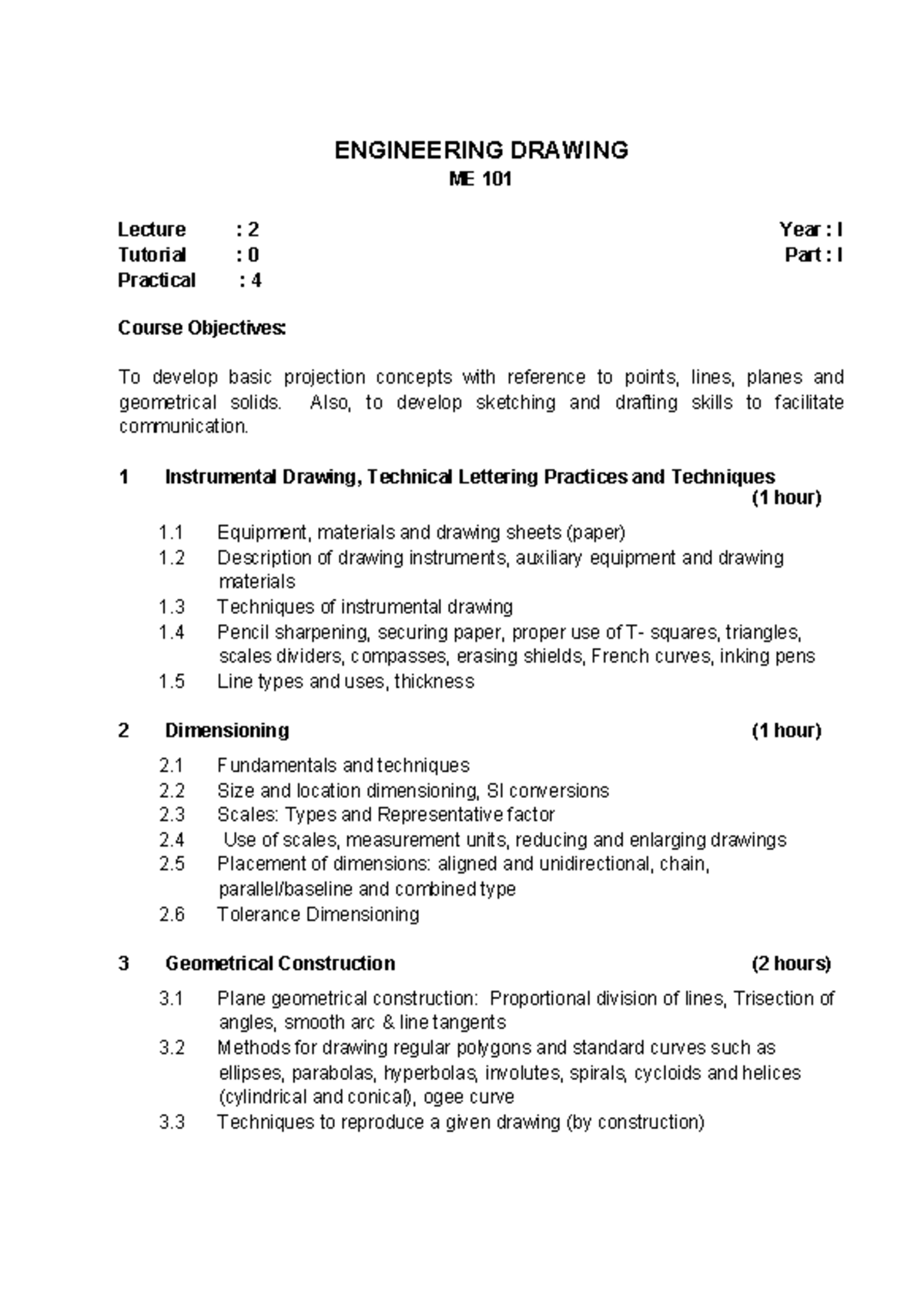 ME 101 Engineering Drawing Lecture & Practical Syllabus - Studocu