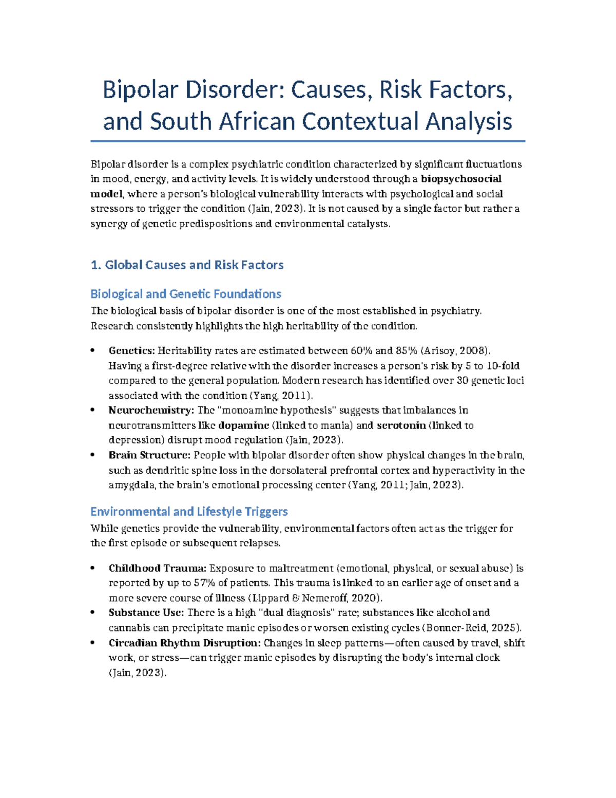 Bipolar Disorder: Causes, Risk Factors & SA Context Analysis - Studocu