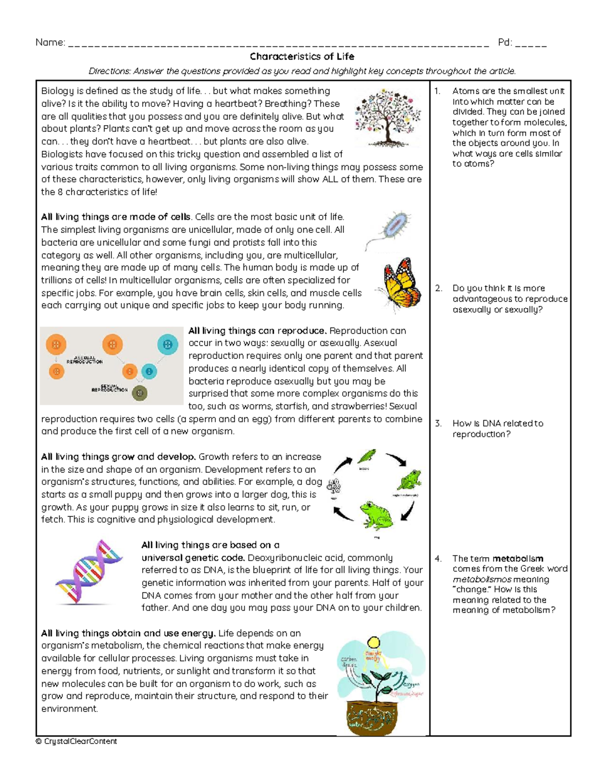 Biology 101: Characteristics of Life Reading Guide - Studocu