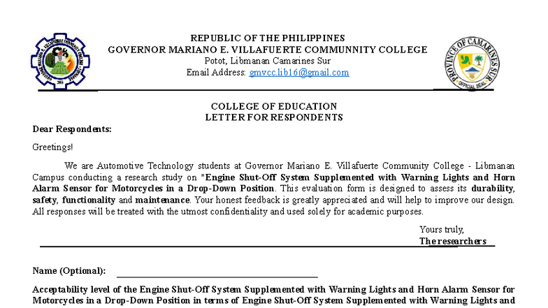 Survey Questionnaire on Engine System with Warning Lights & Horn Alarm ...