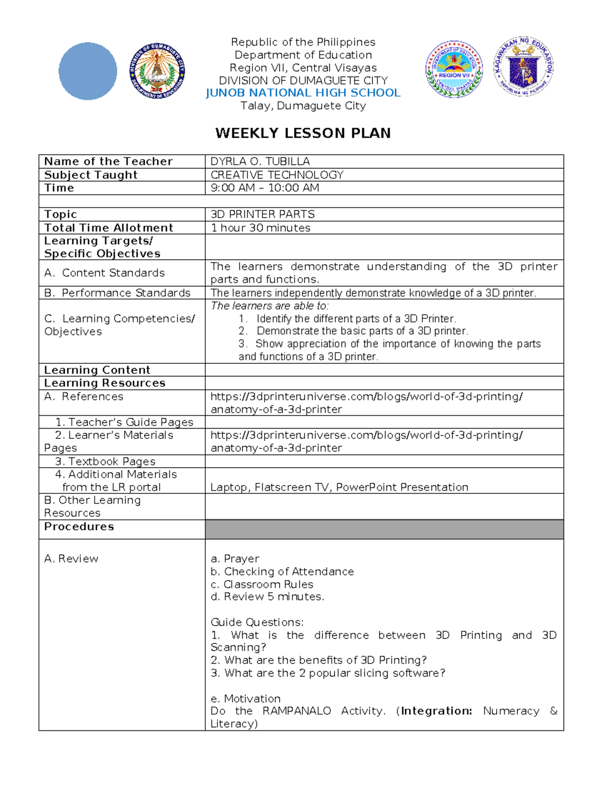 DLP CO 1 - detailed lesson plan for demonstration - Department of ...