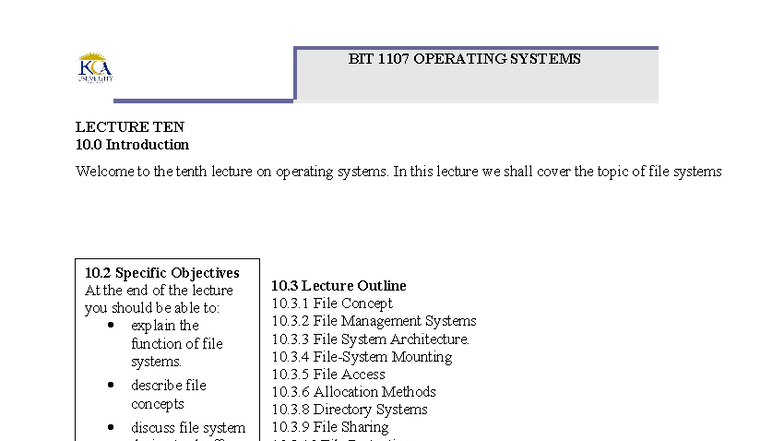 BIT 1107 Operating Systems Lecture 10: File Systems Overview - Studocu