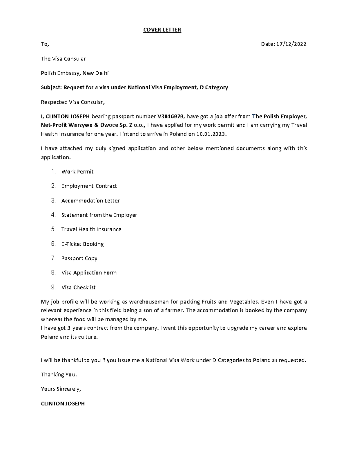 Cover Letter - Need to work out. - COVER LETTER To, Date: 17/12/ The ...
