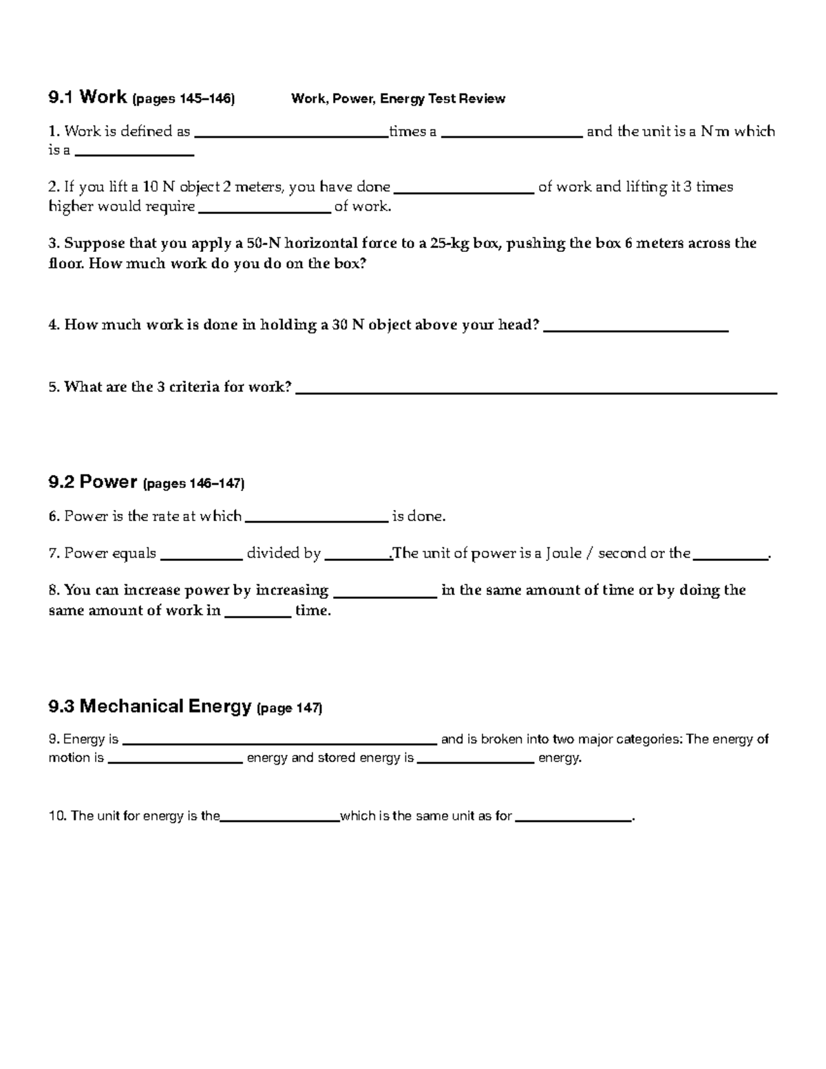 Work, Energy, and Power Test Review (Course Code: 9.1) - Studocu