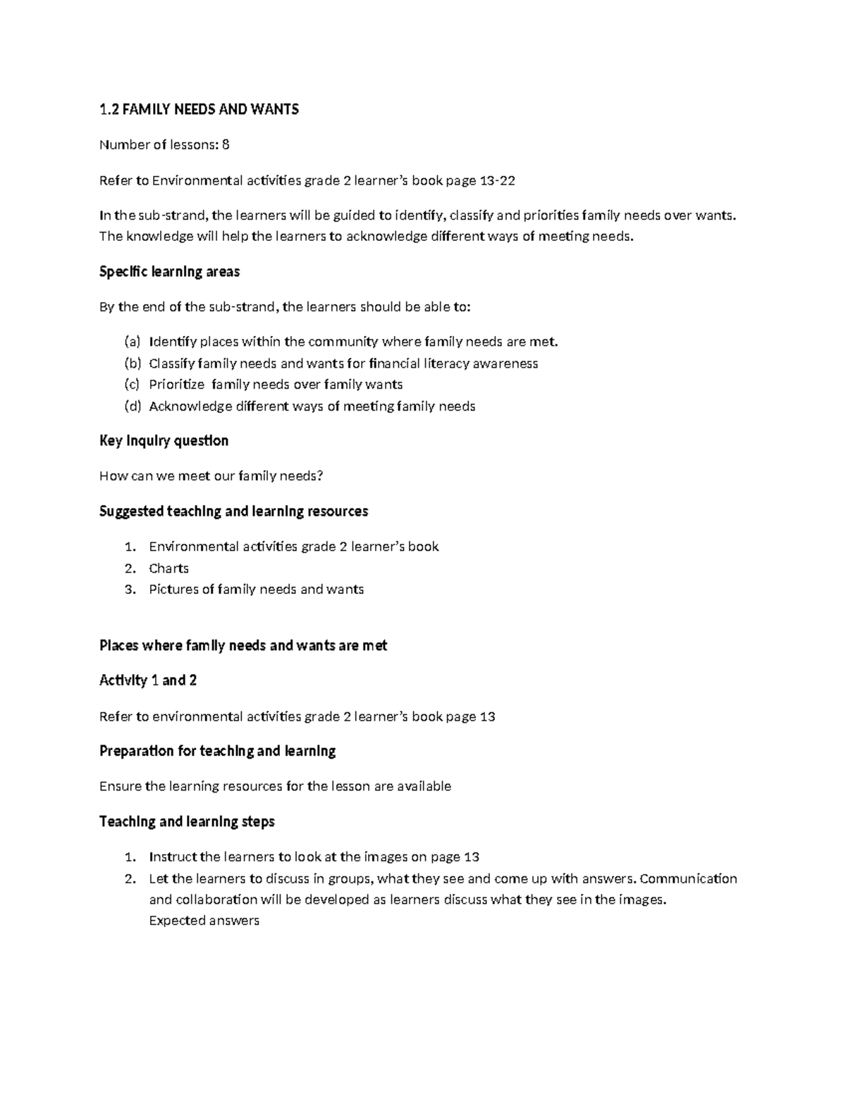 Grade 2 Lesson: Understanding Family Needs and Wants (Env. Activities ...